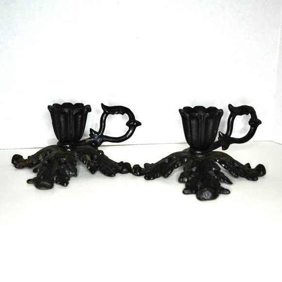 Accents | Vintage Ornate Cast Iron Candle Holders Leaf Bloom Design ...